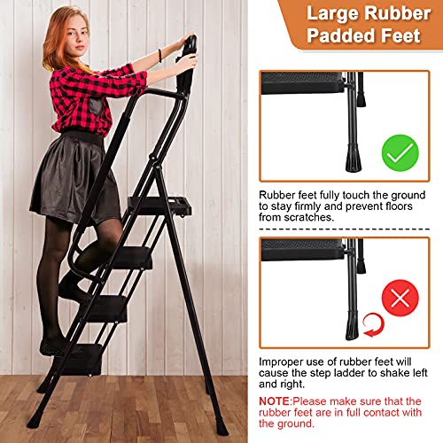 HBTower 4 Step Ladder with Handrails, 330 lbs Folding Step Stool with Attachable Tool Bag & Anti-Slip Wide Pedal for Home Kitchen Pantry Office (4-Step)