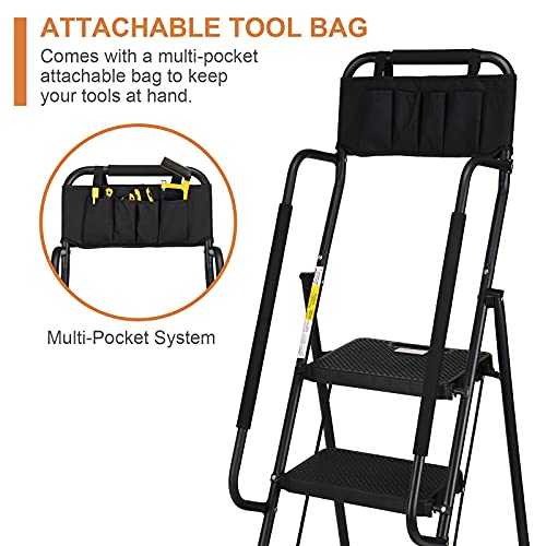 HBTower 4 Step Ladder with Handrails, 330 lbs Folding Step Stool with Attachable Tool Bag & Anti-Slip Wide Pedal for Home Kitchen Pantry Office (4-Step)