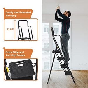 HBTower 4 Step Ladder with Handrails, 330 lbs Folding Step Stool with Attachable Tool Bag & Anti-Slip Wide Pedal for Home Kitchen Pantry Office (4-Step)