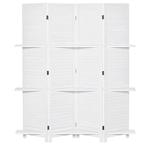 HOMCOM 4 Panel 67" Tall Wood Privacy Screen Room Divider with 3 Display Shelves, and Folding Storage for Bedroom or Home Office, White