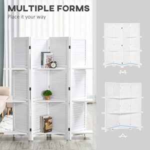 HOMCOM 4 Panel 67" Tall Wood Privacy Screen Room Divider with 3 Display Shelves, and Folding Storage for Bedroom or Home Office, White