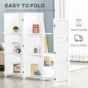 HOMCOM 4 Panel 67" Tall Wood Privacy Screen Room Divider with 3 Display Shelves, and Folding Storage for Bedroom or Home Office, White