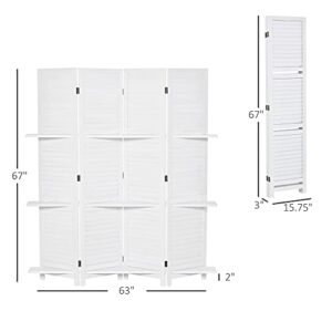 HOMCOM 4 Panel 67" Tall Wood Privacy Screen Room Divider with 3 Display Shelves, and Folding Storage for Bedroom or Home Office, White