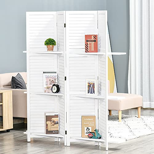 HOMCOM 4 Panel 67" Tall Wood Privacy Screen Room Divider with 3 Display Shelves, and Folding Storage for Bedroom or Home Office, White