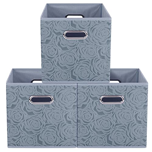 Lucky Monet 3 Pack Rose Pattern Storage Cubes Foldable Fabric Storage Bin Set with Handles Collapsible Storage Box Basket Closet Organizer Drawer (11"×11", Gray)