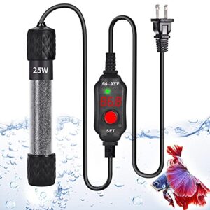 aquarium heater 25w small fish tank heater submersible 25w 50w 100w, precise temperature control with intelligent memory function, external led digital temp controller suitable for betta fish turtle