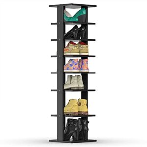 Squareful 7-Tier Wooden Shoe Rack, Modern Vertical Shoe Organizer, Multifunctional Shoe Tower Storage Stand, Space Saving Shelves for entryway, Bedroom, Hallway (Black, Small)