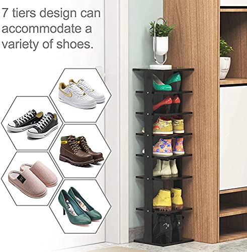 Squareful 7-Tier Wooden Shoe Rack, Modern Vertical Shoe Organizer, Multifunctional Shoe Tower Storage Stand, Space Saving Shelves for entryway, Bedroom, Hallway (Black, Small)