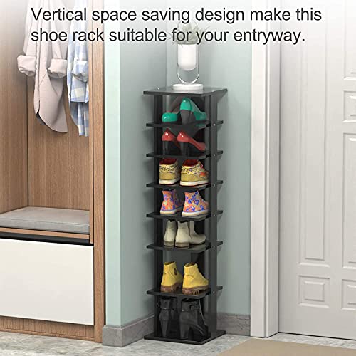 Squareful 7-Tier Wooden Shoe Rack, Modern Vertical Shoe Organizer, Multifunctional Shoe Tower Storage Stand, Space Saving Shelves for entryway, Bedroom, Hallway (Black, Small)