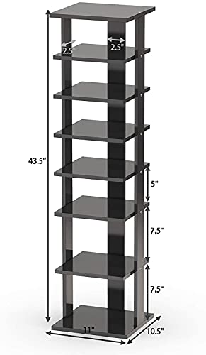 Squareful 7-Tier Wooden Shoe Rack, Modern Vertical Shoe Organizer, Multifunctional Shoe Tower Storage Stand, Space Saving Shelves for entryway, Bedroom, Hallway (Black, Small)