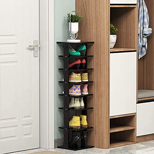 Squareful 7-Tier Wooden Shoe Rack, Modern Vertical Shoe Organizer, Multifunctional Shoe Tower Storage Stand, Space Saving Shelves for entryway, Bedroom, Hallway (Black, Small)