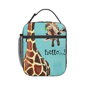 JASMODER Insulated Lunch Bag, Funny Giraffe Says Hello Portable Lunch Box Cooler Tote For Boys Girls Adults