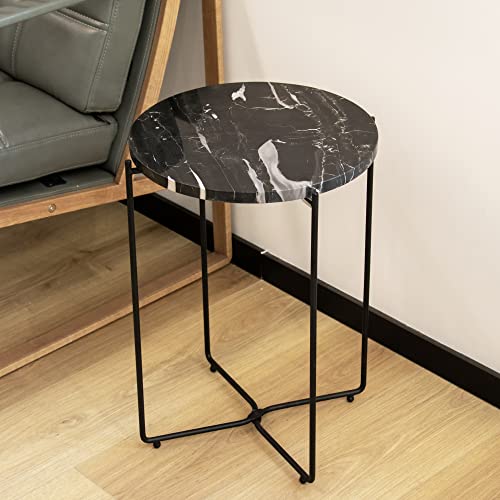 Metal Round Side End Table with Real Natural Marble Top, Modern Lightweiht Bedside Small Coffee Table for Living Room Bedroom Small Space Black…