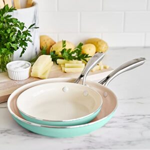 GreenLife Artisan Healthy Ceramic Nonstick, 8" and 10" Frying Pan Skillet Set, Stainless Steel Handle, PFAS-Free, Dishwasher Safe, Oven Safe, Turquoise