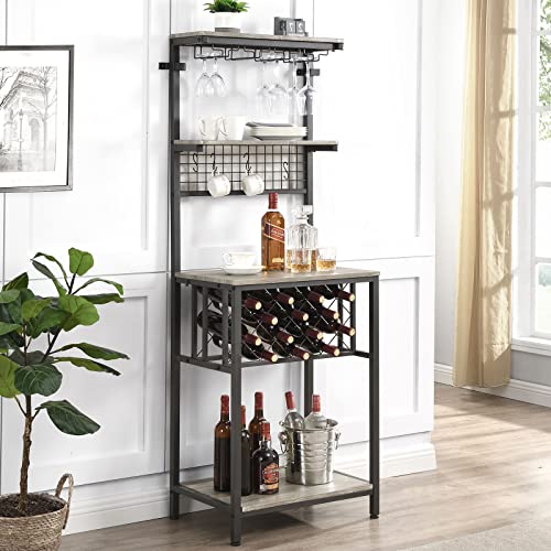 O&K FURNITURE Freestanding Wine Bar Cabinet with Glass Holder, Wine Rack Free Standing Floor, Multifunctinal Wine Cabinet Bar Furniture for Kitchen Dining Room (Gray Finsih)