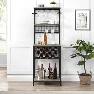 O&K FURNITURE Freestanding Wine Bar Cabinet with Glass Holder, Wine Rack Free Standing Floor, Multifunctinal Wine Cabinet Bar Furniture for Kitchen Dining Room (Gray Finsih)