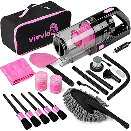 Vioview Pink Car Cleaning Kit, 14Pcs Car Interior Detailing Kit with High Power Handheld Vacuum, Cleaning Gel, Detailing Brush Set, Windshield Cleaner, Complete Car Cleaning Supplies for Deep Cleaning