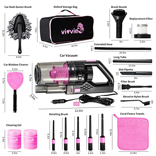 Vioview Pink Car Cleaning Kit, 14Pcs Car Interior Detailing Kit with High Power Handheld Vacuum, Cleaning Gel, Detailing Brush Set, Windshield Cleaner, Complete Car Cleaning Supplies for Deep Cleaning