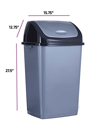 Superio Large 13 Gallon Trash Can with Swing Top Lid, Waste Bin for Kitchen, Garage, Indoor/ Outdoor Trash Can, 52 Qt,(2 Pack) (Grey/Black)