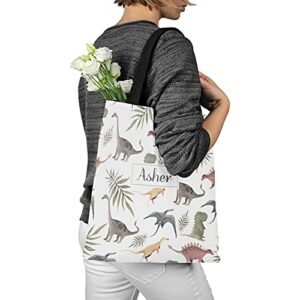 Yeshop Cheerful Dinosaur Personalized Canvas Tote Bags, Reusable Bags for Shopping,Travel,School Handbag Gift,14.17inch x 14.57inch