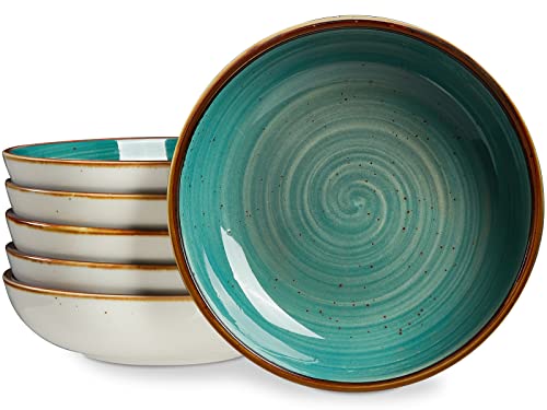 ONEMORE Porcelain Salad Pasta Bowls 30 Ounce, Set of 6 Ceramic Salad Dinner plates Bowls, Shallow & Wide Serving Bowls for Soup, Dessert, Pizza. Microwave & Dishwasher Safe Kitchen Dinnerware, Teal