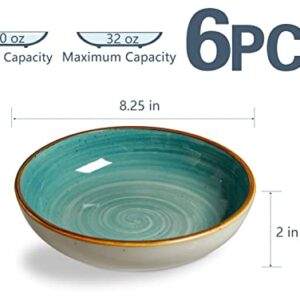 ONEMORE Porcelain Salad Pasta Bowls 30 Ounce, Set of 6 Ceramic Salad Dinner plates Bowls, Shallow & Wide Serving Bowls for Soup, Dessert, Pizza. Microwave & Dishwasher Safe Kitchen Dinnerware, Teal