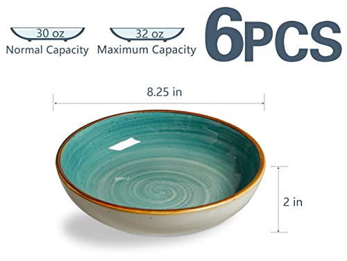 ONEMORE Porcelain Salad Pasta Bowls 30 Ounce, Set of 6 Ceramic Salad Dinner plates Bowls, Shallow & Wide Serving Bowls for Soup, Dessert, Pizza. Microwave & Dishwasher Safe Kitchen Dinnerware, Teal