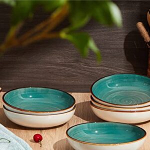 ONEMORE Porcelain Salad Pasta Bowls 30 Ounce, Set of 6 Ceramic Salad Dinner plates Bowls, Shallow & Wide Serving Bowls for Soup, Dessert, Pizza. Microwave & Dishwasher Safe Kitchen Dinnerware, Teal