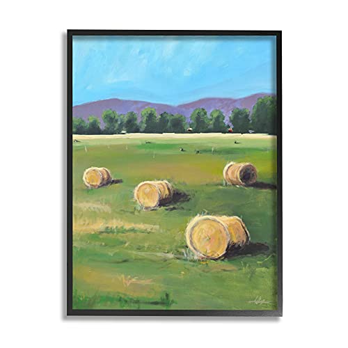 Stupell Industries Open Country Farmland Landscape Yellow Hay Bails, Designed by Allayn Stevens Black Framed Wall Art, 24 x 30, Green