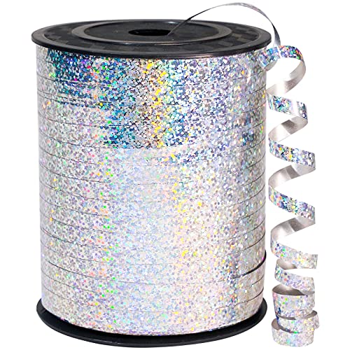 PartyWoo Silver Ribbon, 500 Yard Curling Ribbon for Crafts, Iridescent Crimped Ribbon, Shiny Metallic Ribbon for Gift Wrapping, Ribbon for Balloons String, Hair, Florist Flower (1 Roll)