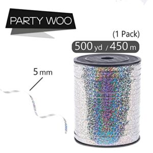 PartyWoo Silver Ribbon, 500 Yard Curling Ribbon for Crafts, Iridescent Crimped Ribbon, Shiny Metallic Ribbon for Gift Wrapping, Ribbon for Balloons String, Hair, Florist Flower (1 Roll)