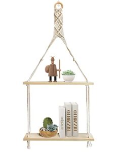 mazjoaru macrame wall hanging shelves, boho handmade white shelf cotton rope sturdy wooden mounted cute decor display storage for plant bathroom bedroom living room office-2 tier