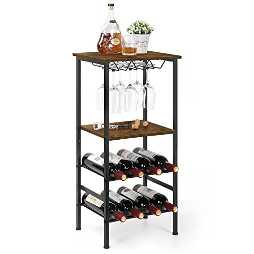 Vrisa Wine Rack Freestanding Floor 8 Bottles Wine Rack with 9 Glass Holder Metal Wine Storage with Wood Table Top for Home Kitchen Dining Room Cellar Rustic Brown