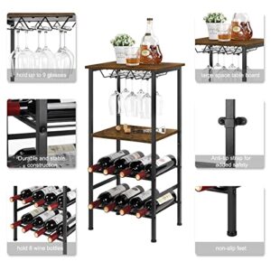 Vrisa Wine Rack Freestanding Floor 8 Bottles Wine Rack with 9 Glass Holder Metal Wine Storage with Wood Table Top for Home Kitchen Dining Room Cellar Rustic Brown