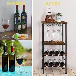 Vrisa Wine Rack Freestanding Floor 8 Bottles Wine Rack with 9 Glass Holder Metal Wine Storage with Wood Table Top for Home Kitchen Dining Room Cellar Rustic Brown