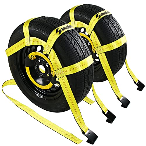 Sumpluct Tow Dolly Basket Straps with Flat Hooks -2 Pack,Car Wheel Straps System Tire Net Fits Most 15"-19" Tires Wheels,10000 lbs Break Strength,Yellow, with 1 Carrying Bag