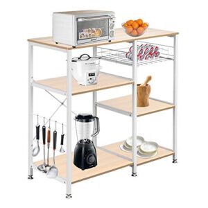 baker's rack 3 tier utility storage shelves with 5 hooks standing storage rack floor spice rack storage shelf organizer and shelving heavy duty for kitchens microwave living room bedroom (white)