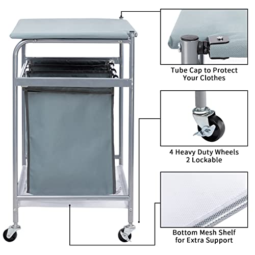 ALIMORDEN Laundry Sorter with Ironing Board Rolling Laundry Basket with Side pull 3-Bag Heavy-Duty Laundry Room Organizer Clothes Hamper with 4 Wheels and lid Blue Grey