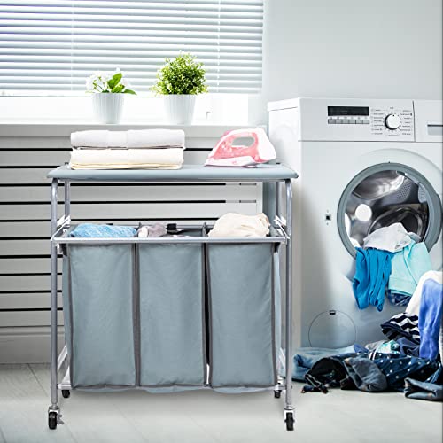 ALIMORDEN Laundry Sorter with Ironing Board Rolling Laundry Basket with Side pull 3-Bag Heavy-Duty Laundry Room Organizer Clothes Hamper with 4 Wheels and lid Blue Grey