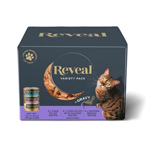 reveal natural wet cat food, 12 pack, limited ingredient canned wet cat food, grain free food for cats, variety of fish and chicken flavors in gravy, 2.47oz cans