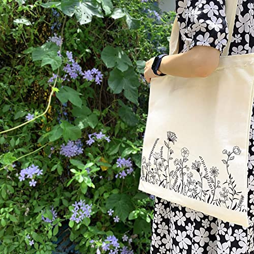 Kazova Floral Cotton Canvas Tote Bag Minimalist Bouquet Tote Bag Reusable Canvas Shopping Grocery Bags Wildflower Botanical Boho Gift for Women (Black)