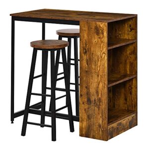 homcom 3 piece industrial dining table set, counter height bar table & stools set with storage shelf, rustic brown