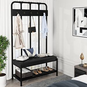 Allewie Coat Rack Shoe Bench, 76" Freestanding Hall Tree, Entryway Bench with Storage Shelves, Upholstered Sponge-Padded Seat, Organized with 5 Hooks, Industrial Accent Furniture, Easy Assembly, Black