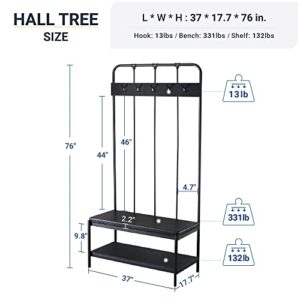 Allewie Coat Rack Shoe Bench, 76" Freestanding Hall Tree, Entryway Bench with Storage Shelves, Upholstered Sponge-Padded Seat, Organized with 5 Hooks, Industrial Accent Furniture, Easy Assembly, Black