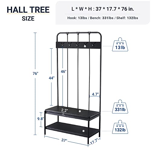 Allewie Coat Rack Shoe Bench, 76" Freestanding Hall Tree, Entryway Bench with Storage Shelves, Upholstered Sponge-Padded Seat, Organized with 5 Hooks, Industrial Accent Furniture, Easy Assembly, Black