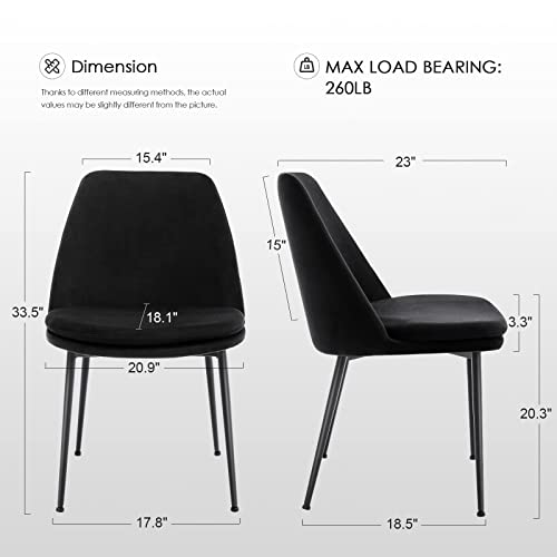 Zesthouse Modern Dining Living Room Chairs Set of 2, Mid-Back Velvet Accent Chairs with Detachable Cushion, Armless Desk Chairs with Metal Legs, Upholstered Side Lounge Chairs for Bedroom, Black