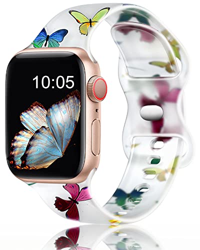 Witzon Compatible with Apple Watch Band Series 8/7/6/5/4/3/2/1/SE/Ultra, iWatch 38mm 40mm 41mm 42mm 44mm 45mm 49mm Bands for Women, Cute Print Silicone Sport Strap Replacement Accessories, Butterfly