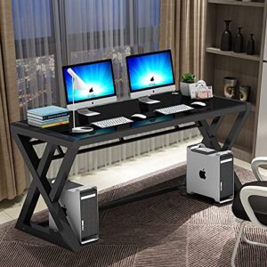 vuyuyu computer desk, home office desks, modern glass top x-frame metal computer gaming writing desks laptop table tempered glass/black/55.1 inches