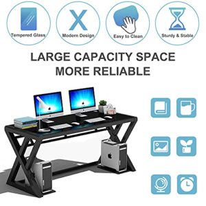 VUYUYU Computer Desk, Home Office Desks, Modern Glass Top X-Frame Metal Computer Gaming Writing Desks Laptop Table Tempered Glass/Black/55.1 inches