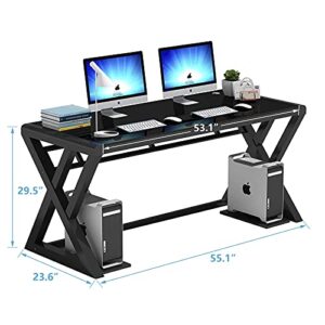 VUYUYU Computer Desk, Home Office Desks, Modern Glass Top X-Frame Metal Computer Gaming Writing Desks Laptop Table Tempered Glass/Black/55.1 inches